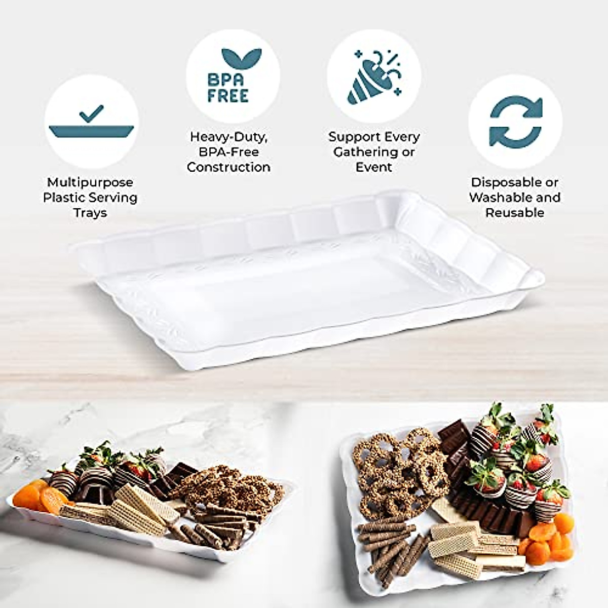 Plastic Serving Trays 9" X 13" Rectangle Serving Platters 4-Pack White Party Tray Durable Serving Platter - Disposable Serving Food Tray - Rectangular Cake, Fruit, Cookie Tray - Posh Setting