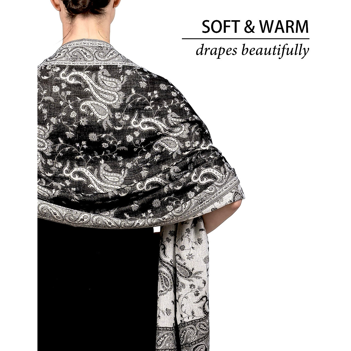 Achillea Soft Silky Reversible Paisley Pashmina Shawl Wrap Scarf w/Fringes (Black White)