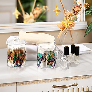 ALAZA 4 Pack Qtip Holder Dispenser Turtle Watercolor Cotton Ball Cotton Swab Cotton Round Pads Floss Clear Bathroom Storage Containers Plastic Apothecary Jars with Lids