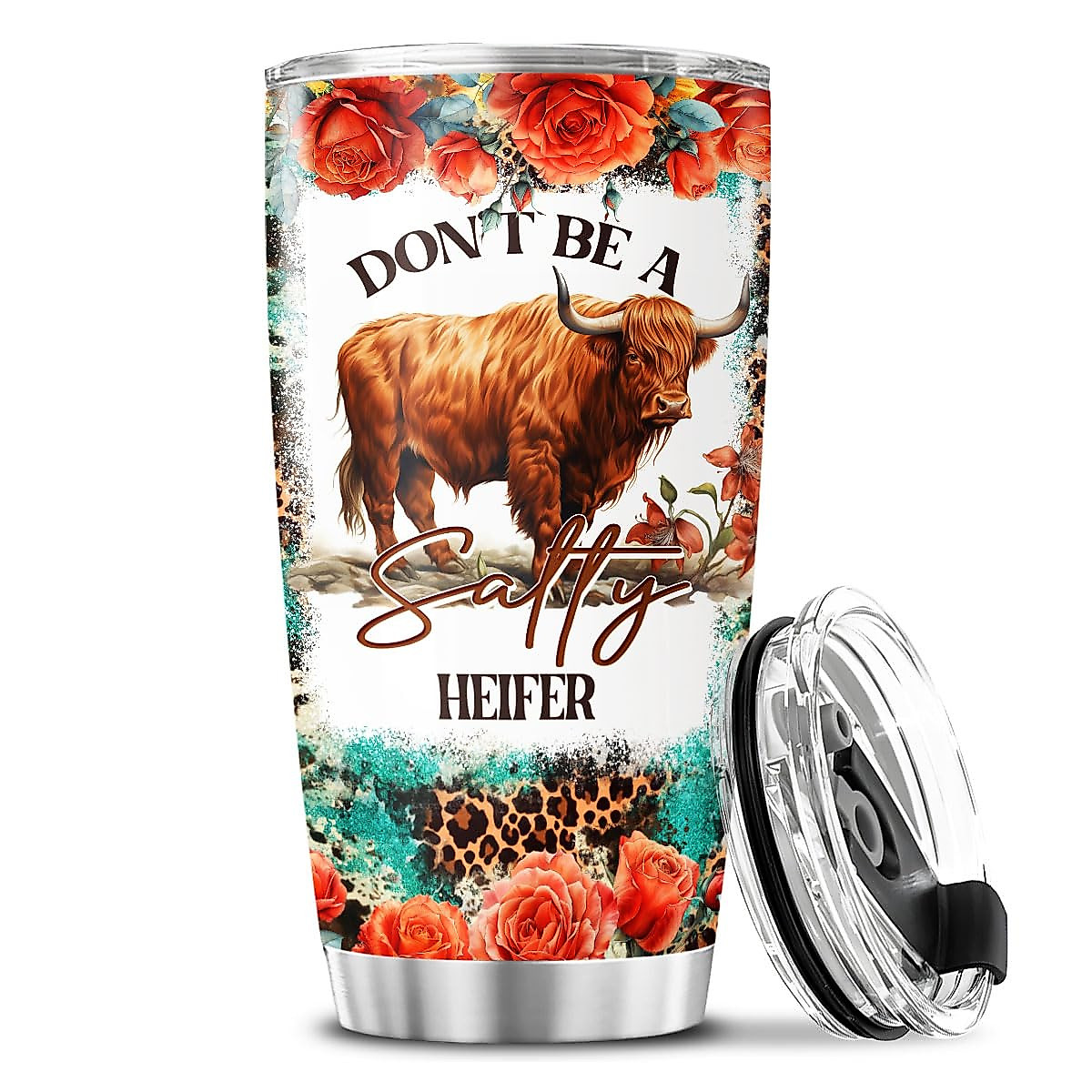 Salty Heifer, Tumbler 20 Oz With Lid And Straw, Leopard Print Flower Floral, Highland Cow Gifts