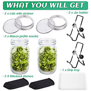 Seed Sprouting Jar Kit with 2 Wide Mouth Mason Jars Bean Sprouts Growing Kit Microgreens Growing Jar with Mesh Screen Lids Sprouter Sprouts Maker for Growing Broccoli, Alfalfa, Mung Bean