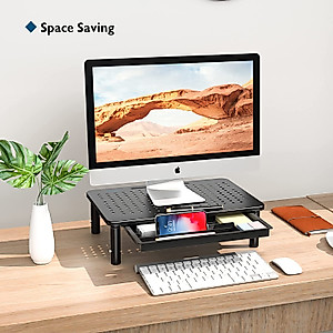 BONTEC 2 Pack Monitor Stand Riser with Drawer, 3 Height Adjustable PC Monitor Riser for Desk with Mesh Platform for Laptop, Computer, iMac, PC, Printer up to 44LBS/20KG, Cable Ties Included