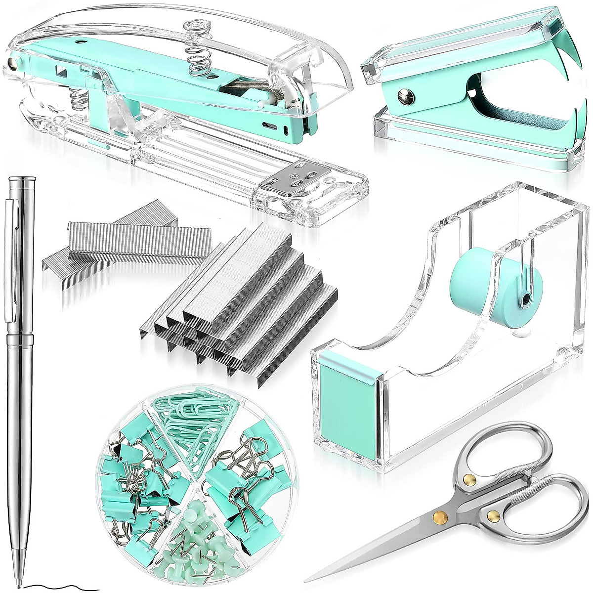 Office Supplies Set Desk Accessory Kit, Acrylic Stapler Set Staple Remover, Tape Dispenser, Binder Clips, Paper Clips, Ballpoint Pen and Scissor with 1000 Pieces 26/6 Staples (Green)