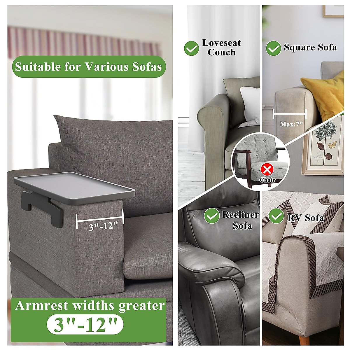 SINWANT Sofa Arm Clip Table,Sofa Arm Tray Table for Couch,Arm Rest Table Suitable for Home Drinks/Eat/Fruit,Sofa Tray Table for Couch Tray,Coffee Table & Side Tables for Small Spaces, Grey
