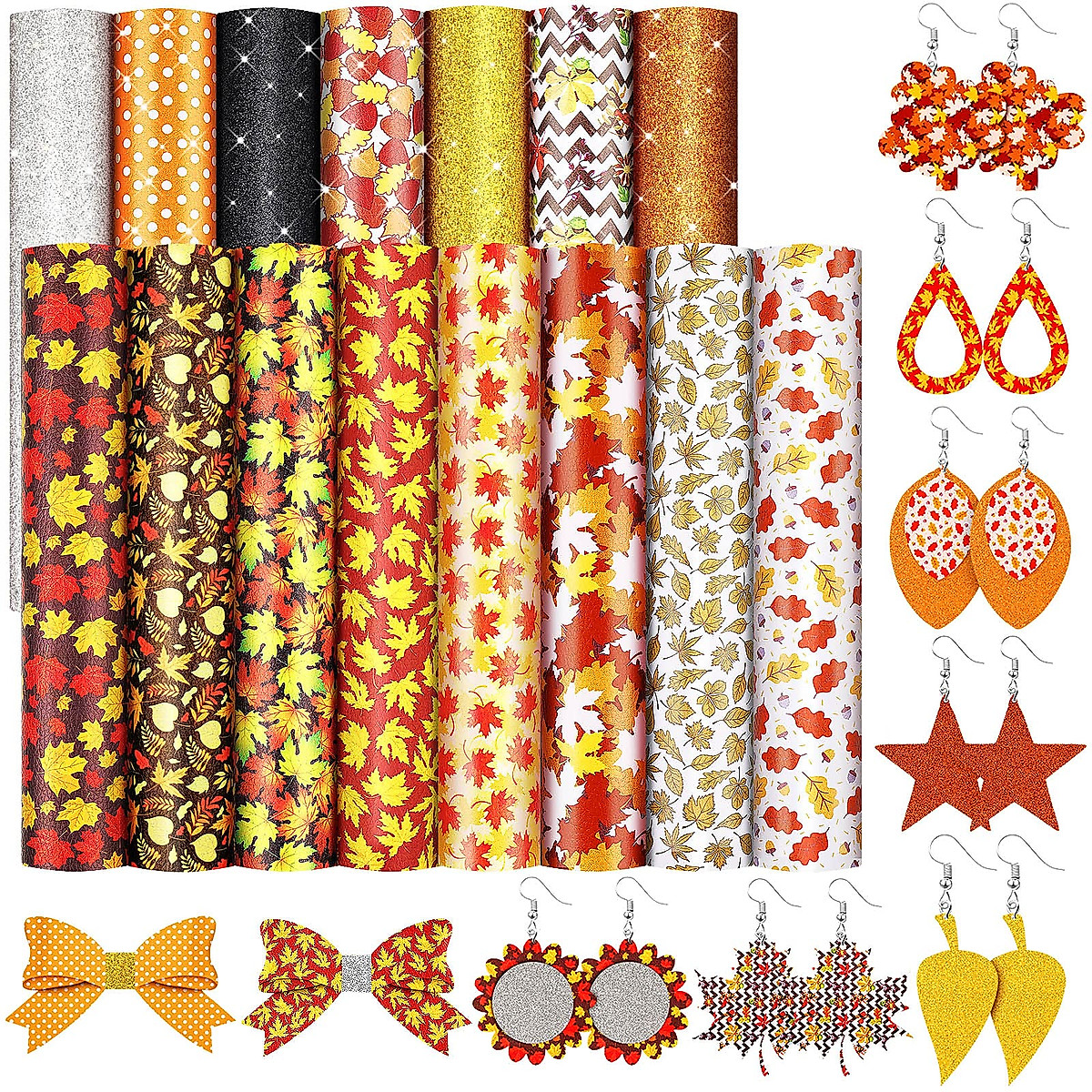 15 Pieces Thanksgiving Fall Faux Leather Sheets Glitter Autumn Leather Sheets Plant Leather Fabric Sheets Fall Leaves Faux Leather Fabrics for DIY Crafts Earrings Bag Decors(Classic Style)