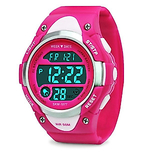 cofuo Girls Boys Digital Watch - Kids Sports Waterproof Outdoor Watches with Alarm Stopwatch Youth Children LED Electronic Wristwatch - Rose Red