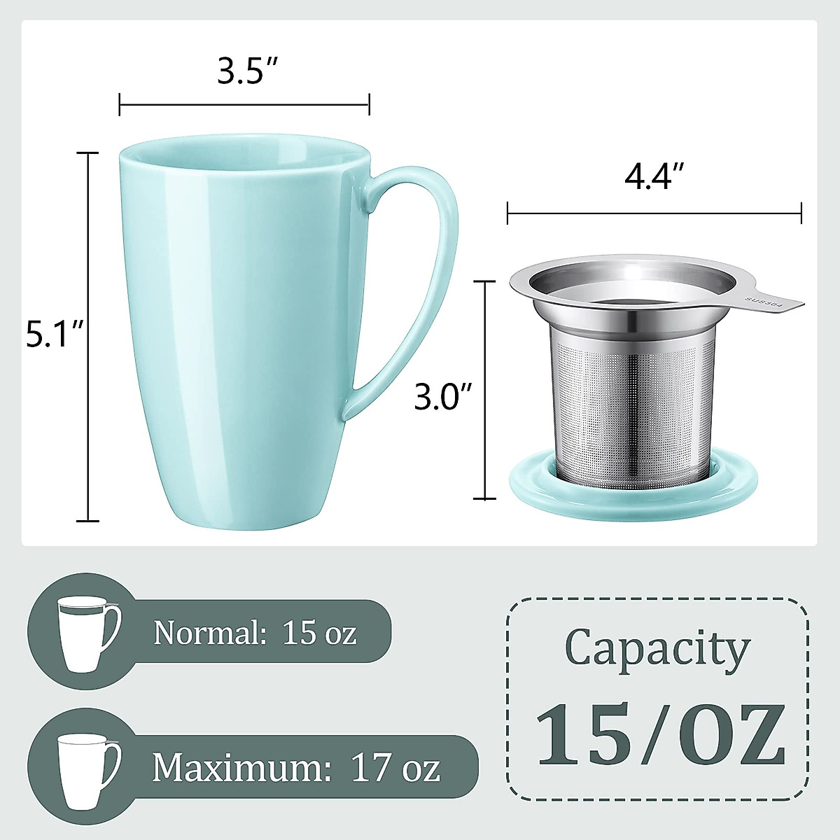 Yedio Porcelain Tea Mug with Infuser and Lid- 15 Ounce Tea Cup with Filter for Tea, Milk, Coffee, Loose Leaf Tea Infusers, Turquoise