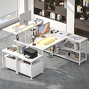 Aheaplus L Shaped Desk with Power Outlet, Standing Home Office Desk with Lift Top and File Drawer, 63'' Corner Computer Desk with Monitor Stand&Printer Shelves, Gaming Desk with Led Lights, White