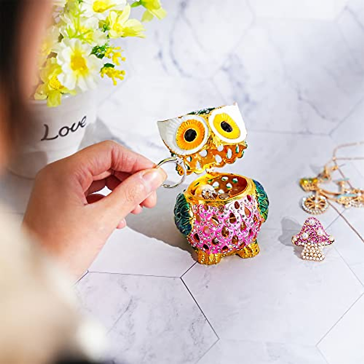 YU FENG 2.9inch Hollow Owl Trinket Box Hinged Hand-painted Enamel Jewelry Organizer with Crystals Ring Earrings Storage Novelty Animal Figurine Collectible