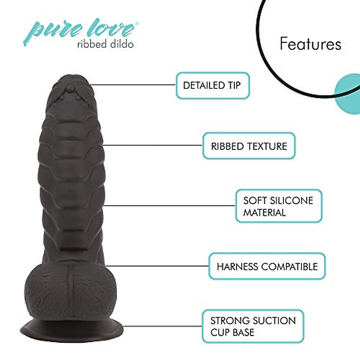 Pure Love 7 Inch Fantasy Silicone Dildo with Suction Cup, Ribbed & Studded, Black Color, Adult Sex Toy