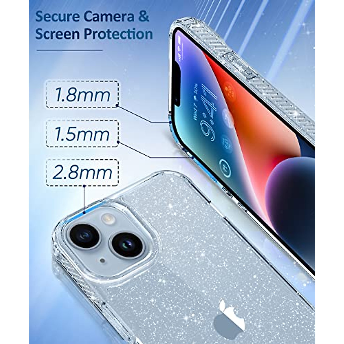 MIODIK iPhone 14 Plus Case with Screen Protector + Camera Lens Protector, [Non-Yellowing] Clear Glitter Protective Shockproof Phone Case for Women Girls, 6.7 Inch - Sparkle Clear
