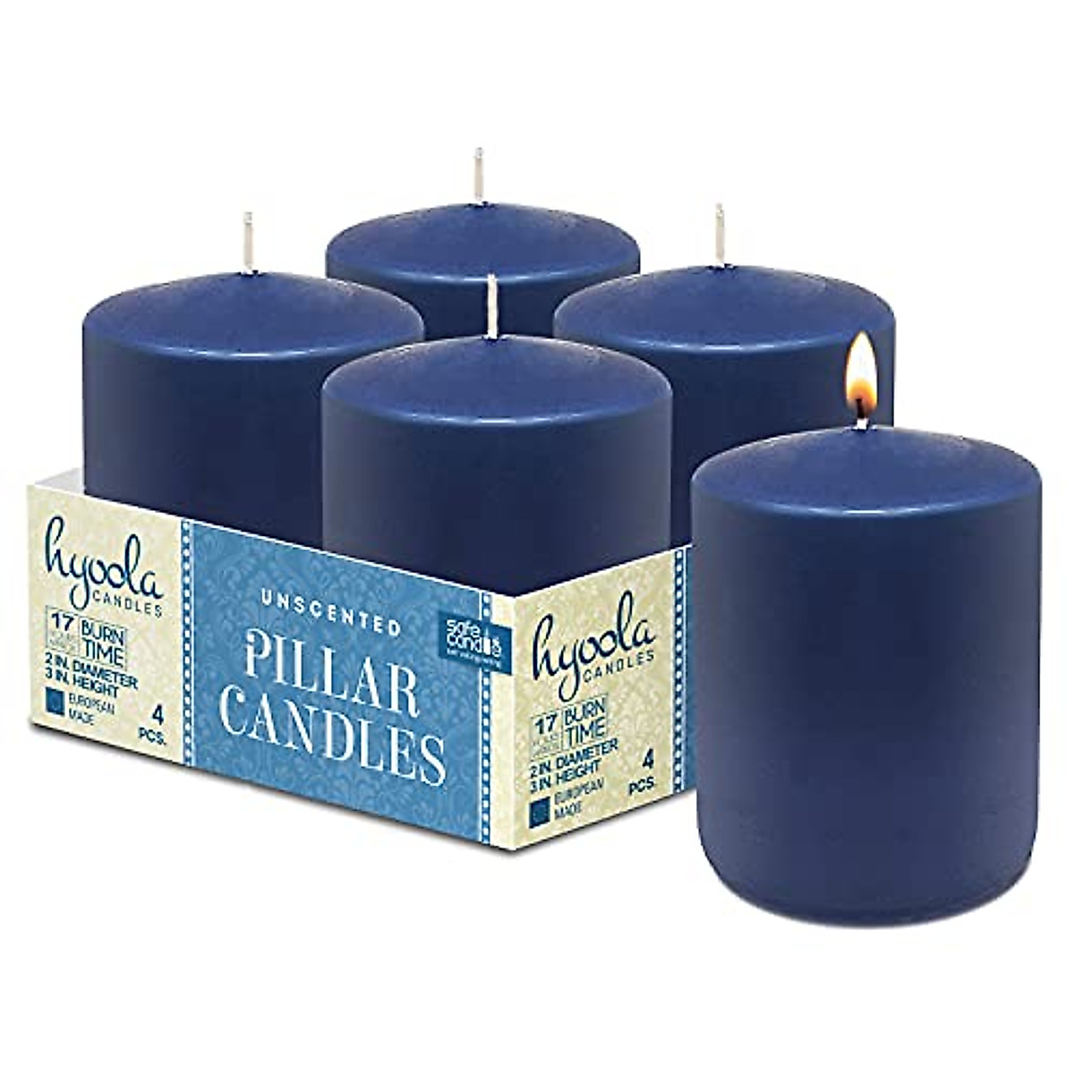 Hyoola Midnight Blue Pillar Candles 2x3 Inch - 4 Pack Unscented Pillar Candles - European Made