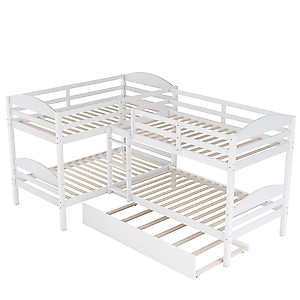 Bellemave Quad Bunk Bed with Trundle L-Shape Bunk Bed Twin Over Twin Corner Bunk Bed for 4 or 5 Kids Boys Girls Teens, White