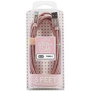LIQUIPEL USB Type C Cable 6ft, USB A 2.0 to USB-C Fast Charger Extra Long Durable, Glitter Cables (Rose Gold)