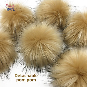 Furryvalley Faux Fur Pompom 6pcs DIY Crafts Fluffy Balls for Hat Shoes Scarves with Snap Fastener Removable Knitting Hat Horse Riding Hat Silk Accessories 6 Inch Extra Large(Khaki)