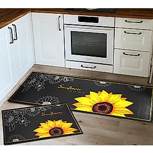 Sunflower Kitchen Mat, 2 Pieces Soft Sunflower Kitchen Rugs Washable Kitchen Floor Mats Kitchen Decor Rugs for in Front of Sink, Hallway, Laundry Room(47.4"x15.7"+23.6"x15.7") - 0.2" Thick Polyester