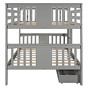 Full over Full Bunk Bed with Storage Drawers, Bunk Beds Full Over Full with Safety Rail and Ladder, Wood Full Bunk Bed for Adults, Kids, Teens No Box Spring Needed (Full, Grey)