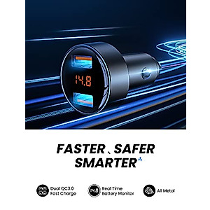 AINOPE Car Charger Adapter, Dual QC3.0 Port 6A/36W Fast USB Car Charger All Metal Cigarette Lighter USB Charger Voltage Display Compatible with 11/11 pro/XR/X/XS/8, Galaxy Note 8/S9/S10+/S8-Black