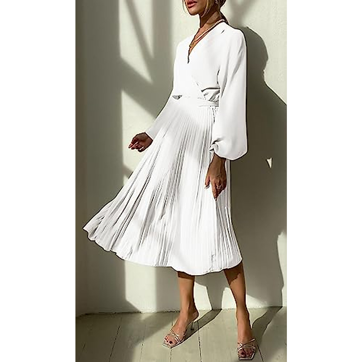 PRETTYGARDEN Women's Fall Midi Dress Long Puff Sleeve Wrap V Neck Flowy Ruffle Pleated Casual Dresses (White,Large)