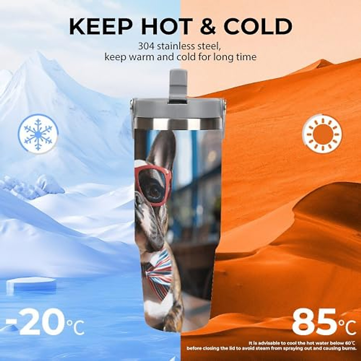 30oz Stainless Steel Insulated Tumbler with Flip Lid & Straw, Leakproof Travel Mug for Car, French Bulldog Wearing Sunglasses Double Wall Vacuum Thermal Coffee Cup with Handle, Spill-Proof Design for