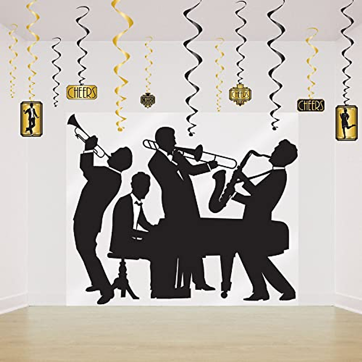 Beistle 20's Jazz Band Insta Mural Complete Wall Decoration Mardi Gras Music Party Supplies, 5' x 6', Black/White
