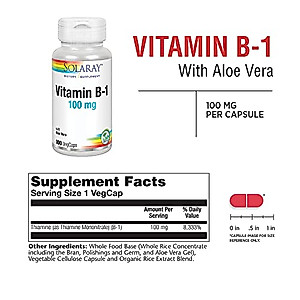SOLARAY Vitamin B-1 100 mg | Healthy Energy Metabolism, Skin, Brain, Heart & Nervous System Support | 100 VegCaps
