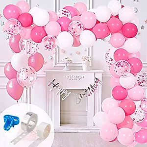 Whaline Balloon Arch & Garland Kit, Pink Hotpink White Latex Balloons & Confetti Balloons with 16ft Balloon Strip Tape,1pcs Tying Tool and 100 Glue Point for Wedding Birthday Baby Shower Party Decor