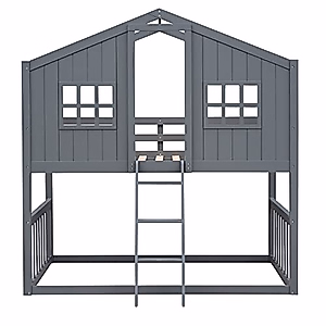 Merax Twin Over Twin House Bunk Bed with Ladder, Twin Wood Bed Frame with Roof Design, Bunk Bed for Teens, Boys and Girls, Gray