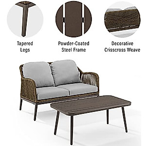 Crosley Furniture CO7360LB-LG Haven Outdoor Wicker 2-Piece Conversation Set (Loveseat, Coffee Table), Light Brown with Light Gray Cushions