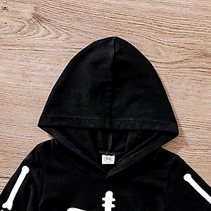 Noubeau Toddler Girls Boys Halloween Hoodie Pumpkin Ghost Print Hooded Sweatshirts Pullover Kids Shirt Tops Fall Clothes (Black- Skeleton, 1-2T)