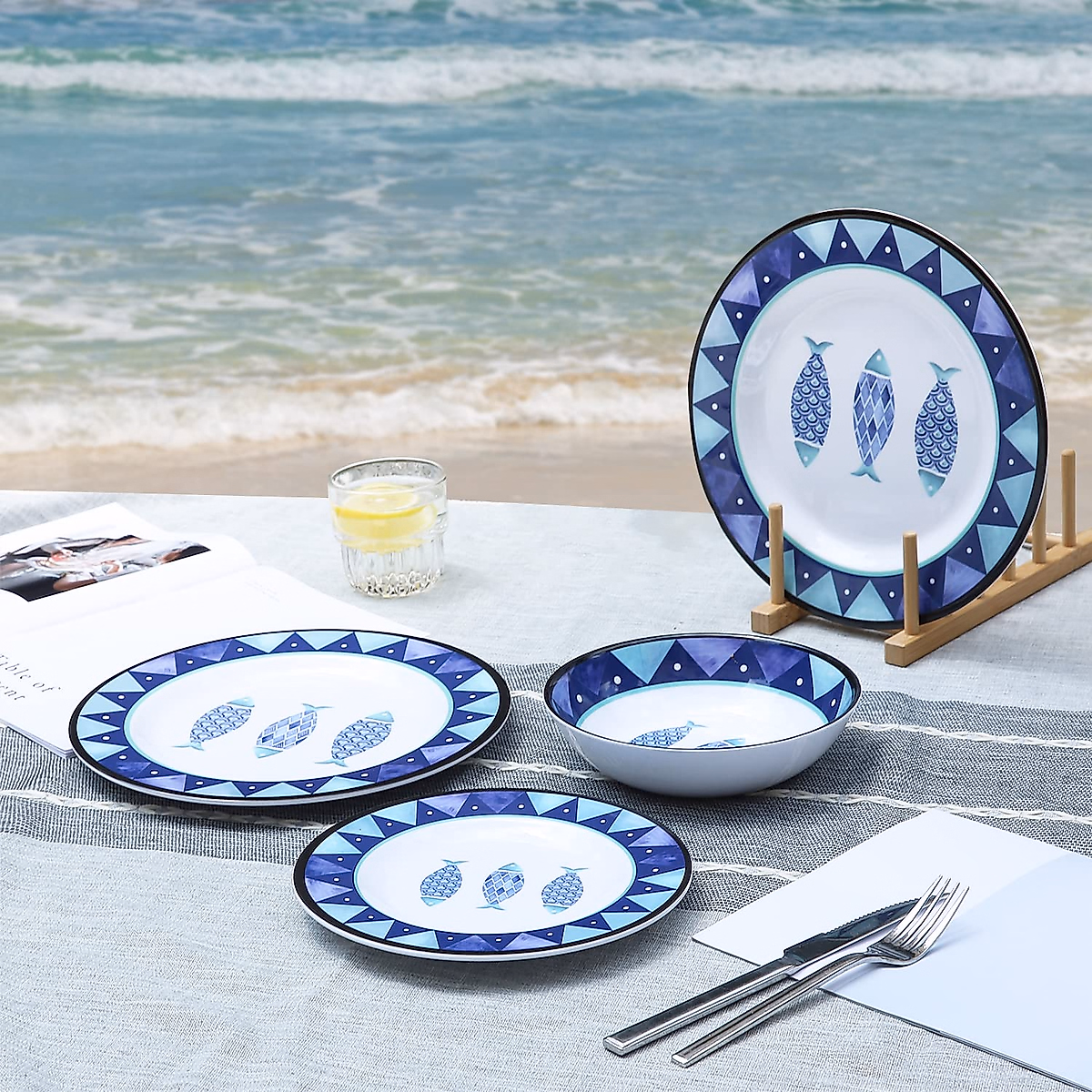 12-Piece Melamine Dinnerware Set,Includes Dinner Plates,Salad Plates Bowls Service for 4,Reusable Picnic Tableware Dinnerware for Summer Outdoors,Dishwasher Safe (Nautical fish)