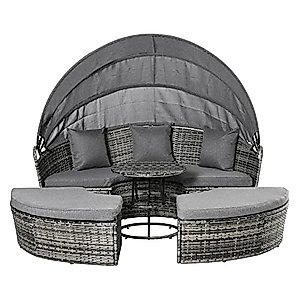 Outsunny 4pc Rattan Patio Furniture Set, Round Convertible Daybed or Sunbed, Adjustable Sun Canopy, Sectional Outdoor Sofa, 2 Chairs, Extending Tea Table, 3 Pillows, PE Plastic Wicker, Gray