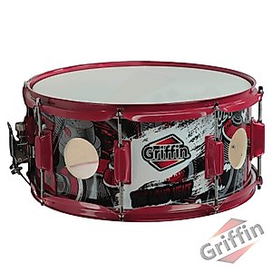 GRIFFIN Snare Drum Birch Wood Shell 14 X 6.5 Inch | Oversize 2.5" Large Vents & Custom Graphic Wrap (Limited Edition) | Red Hardware & Marching Drummers Key for Students & Pros | 8 Metal Tuning Lugs