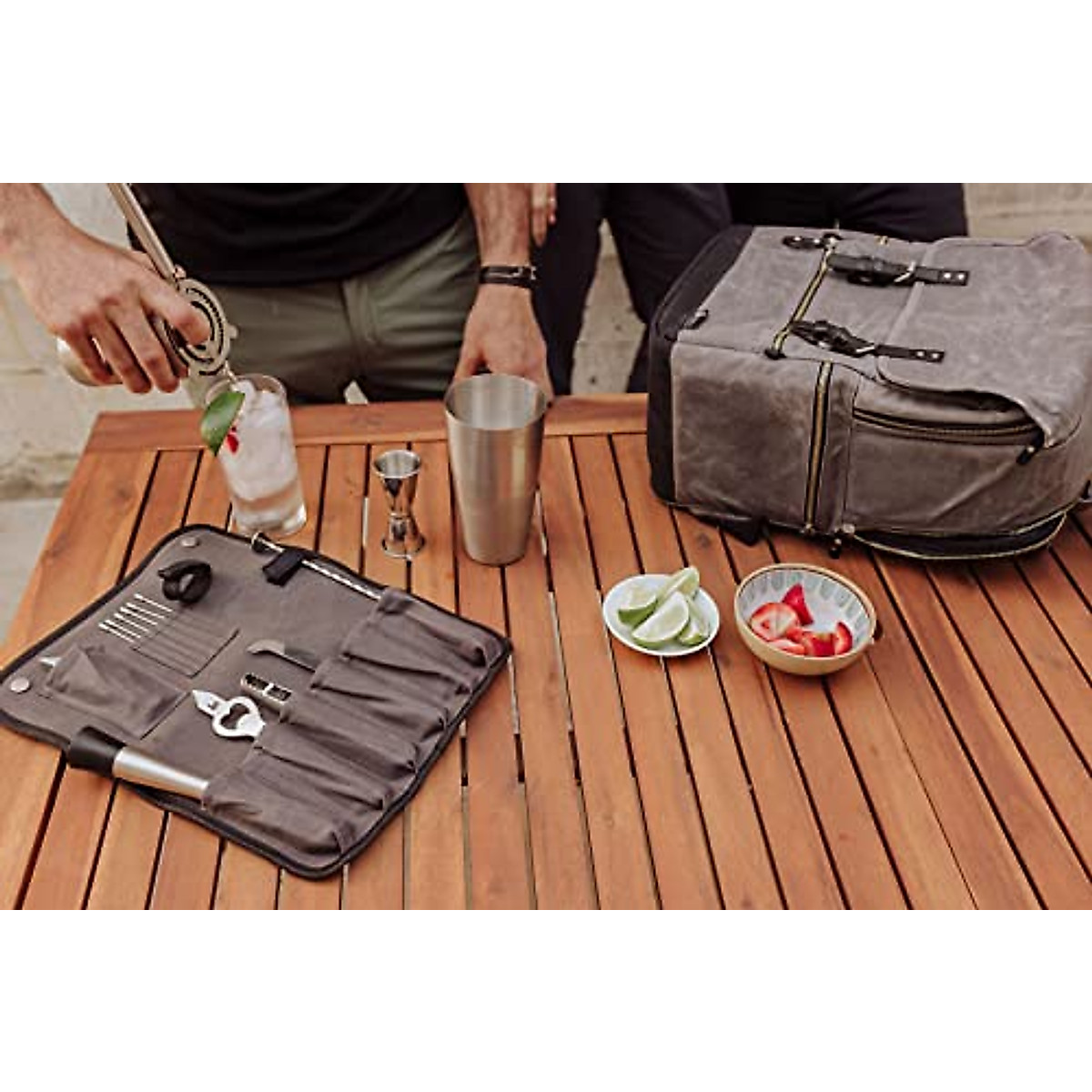 PICNIC TIME Bar Backpack 16-Piece Portable Cocktail Set, Portable Bar Case with Cocktail Shaker Set, (Gray)