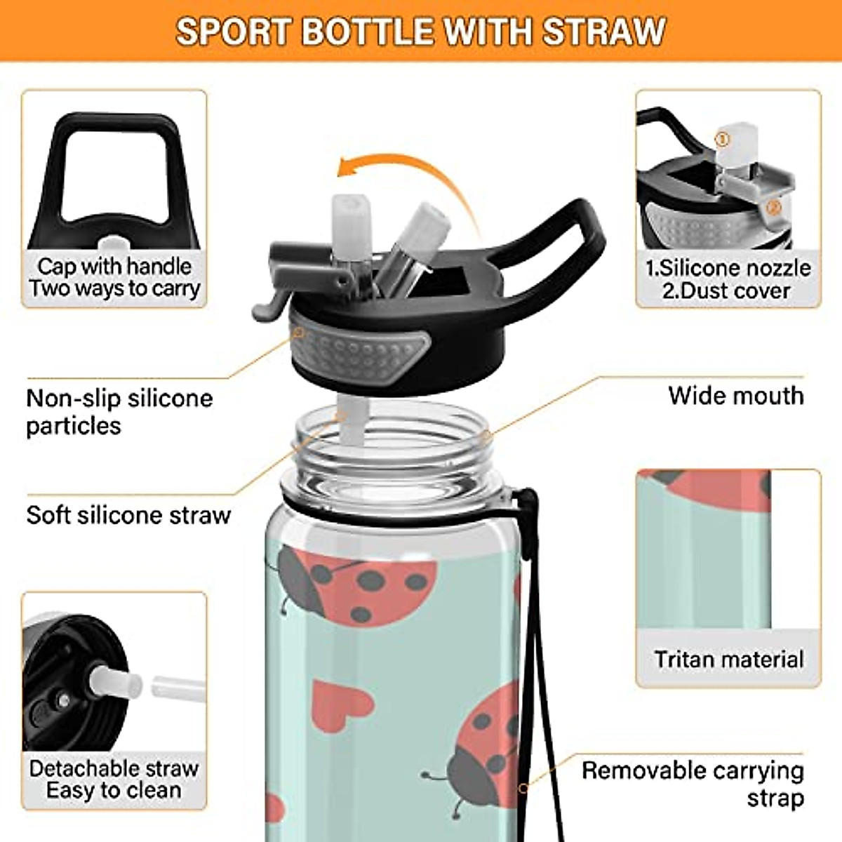 xigua Ladybug Water Bottle with Straw Lid,32 oz Leakproof Sport Water Bottle with Wide Handle for Gym,Cycling,School,Travel