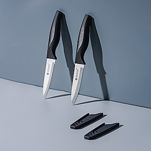 VSL VANSLENSON Multipurpose Kitchen Knife set 4 inch Paring Knife with Cover, Steak Knife, 5 inch Utility Knife, 5 inch Serrated Blade Knife Black Handle (Set of 4 mixed combo)