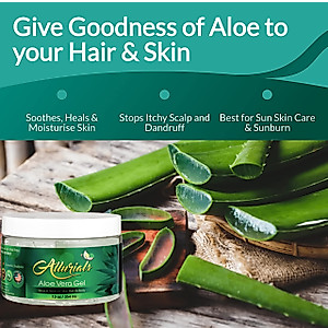 Allurials 100% Pure & Organic Aloe Vera Gel, Clinically tested & Dermatologist approved, Hydrates & Heals Dry & Damaged Skin & Hair- 12 Oz