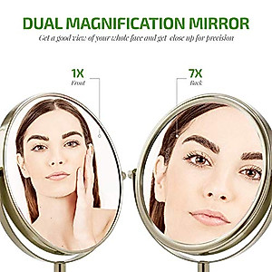 Ovente 7'' Tabletop Makeup Mirror with Stand, 1X & 7X Magnification, Adjustable Double Sided Round Magnifier, Ideal for Dresser, Vanity, Office Station & Bathroom, Nickel Brushed MNLCT70BR1X7X