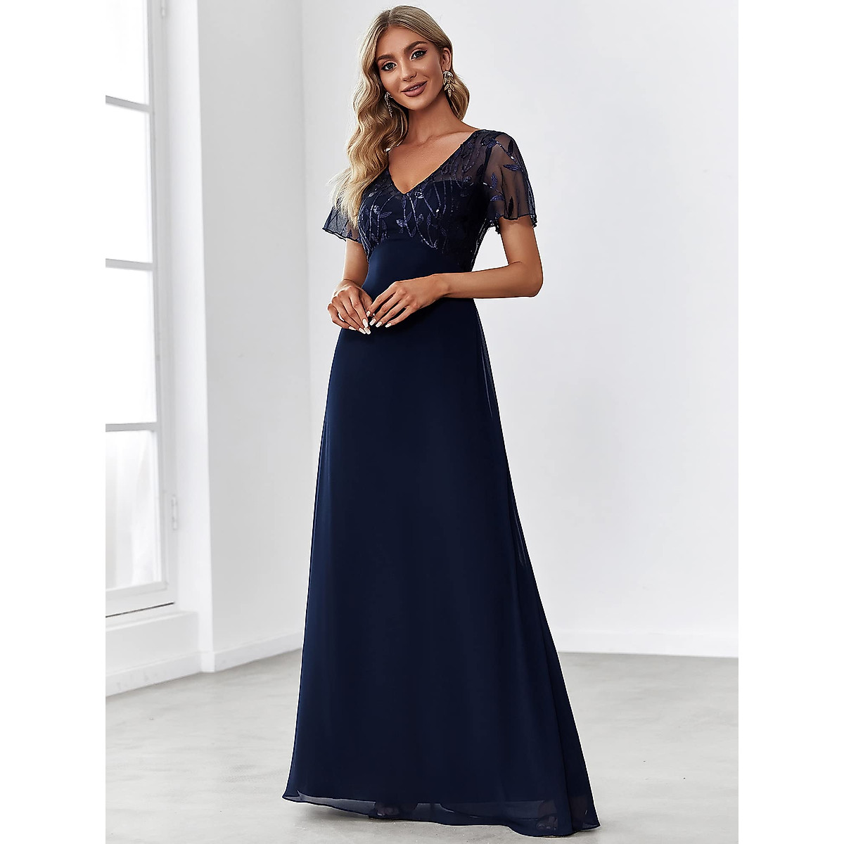 Ever-Pretty Women's Short Sleeve Sweetheart Illusion Wedding Party Maxi Dress Navy US14