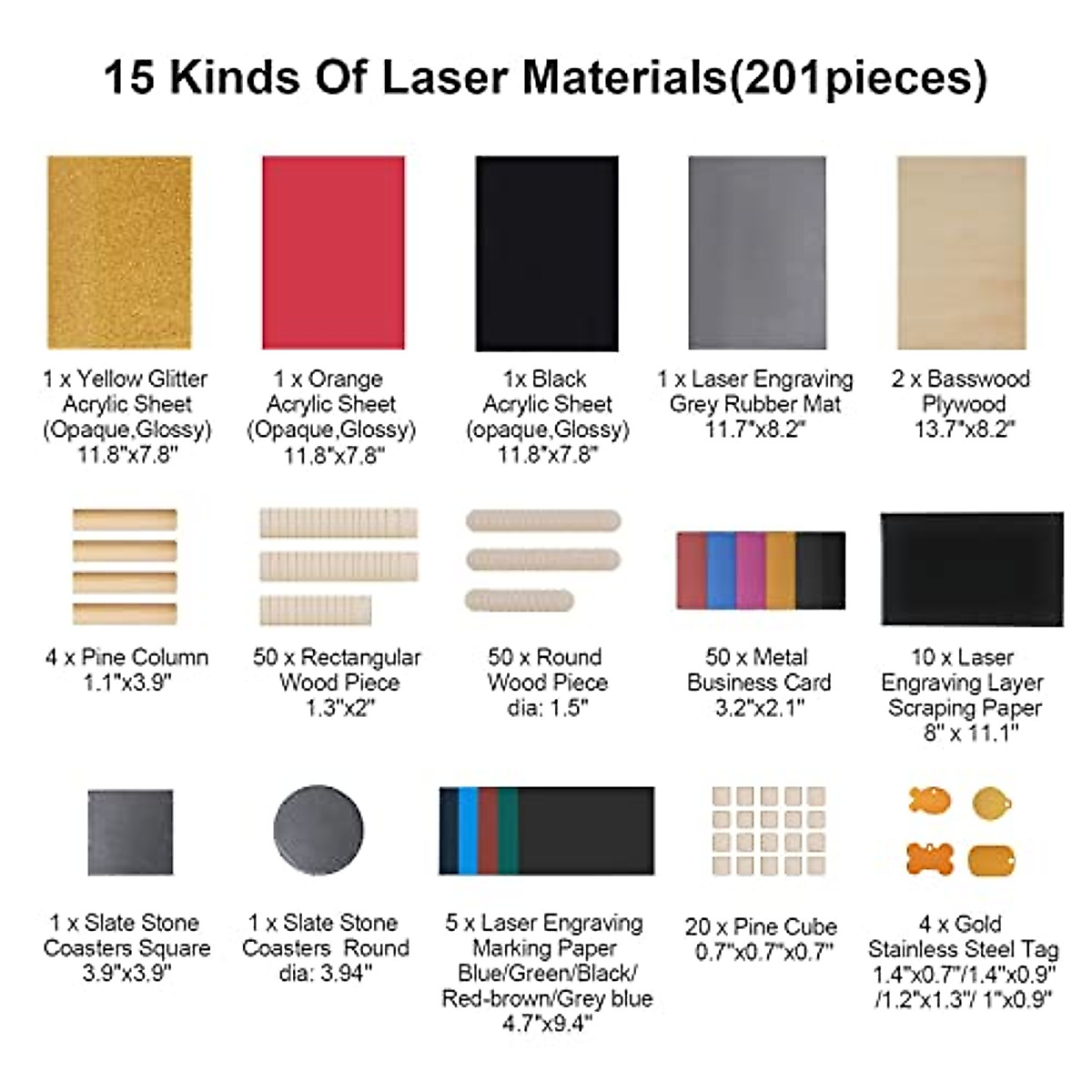 201 Pcs Engraving Material Box, DEWALLIE DIY Materials for Laser Engraver, Co2 & Diode Laser Engraving and Cutting Machine, Including Acrylic Sheet, Slate Coaster, Dog Tag, Metal Business Card