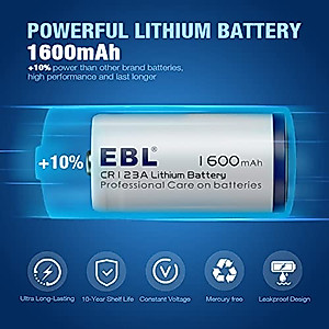 CR123A Battery, EBL 3V CR123A Lithium Batteries 1600mAh High Performance123 Battery for Cameras Flashlight Security System, 16 Pack