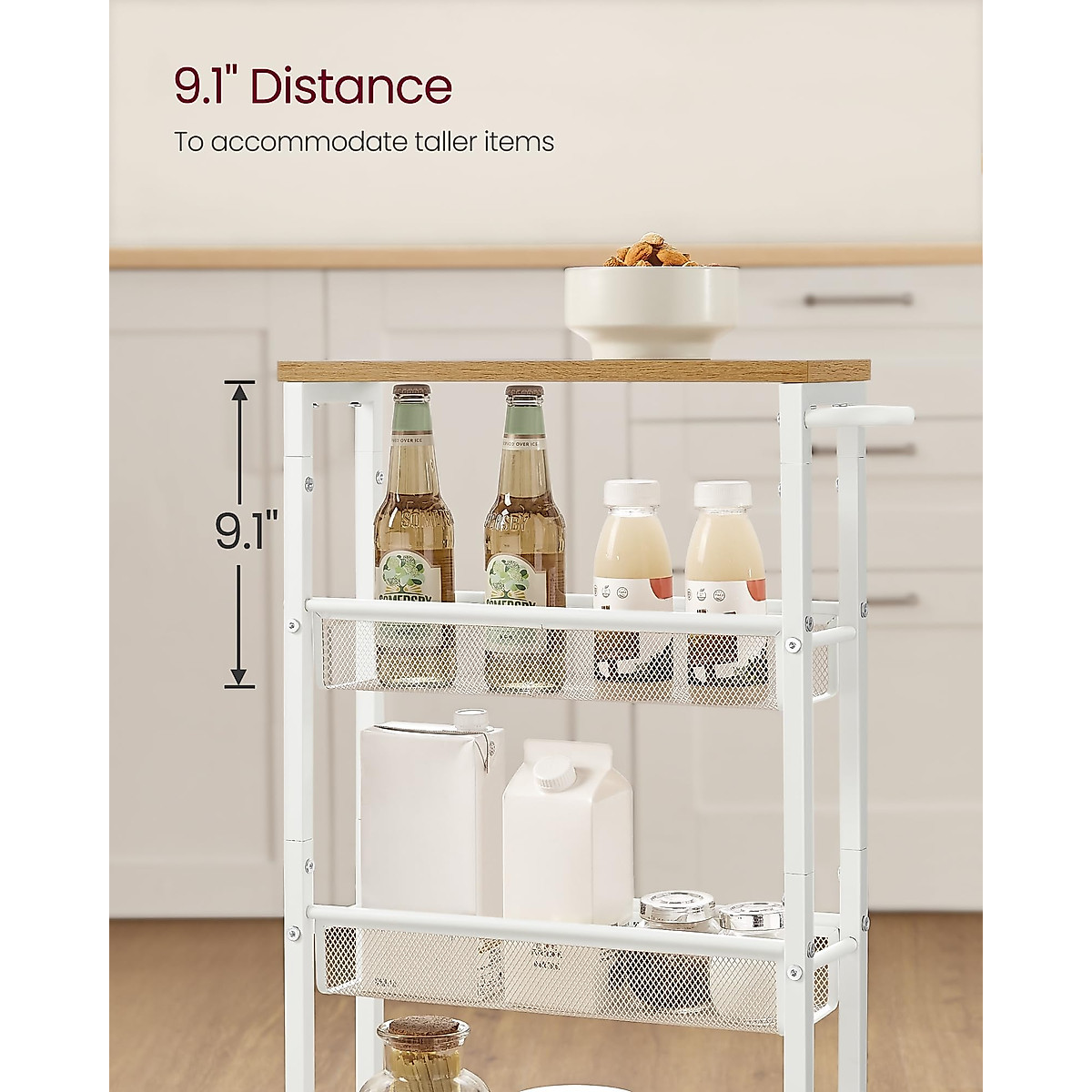 VASAGLE Slim Rolling Cart, 4-Tier Storage Cart, Narrow Cart with Handle, 5.1 Inches Deep, Metal Frame, for Kitchen, Dining Room, Living Room, Home Office, Oak Beige and Classic White ULRC032W09