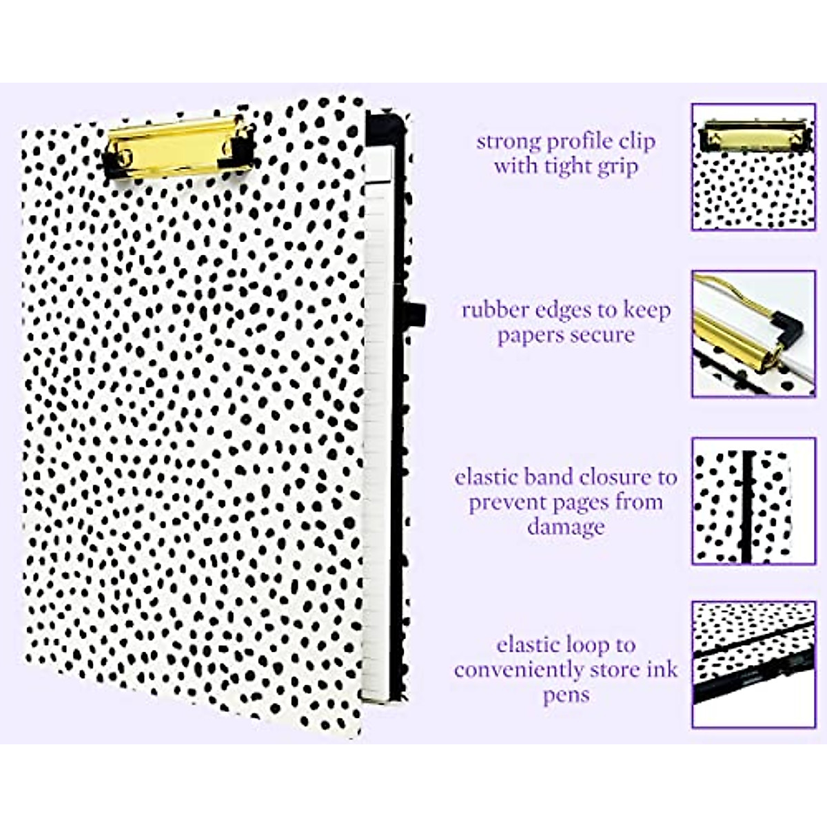 Steel Mill & Co Cute Clipboard Folio with Refillable Lined Notepad and Interior Storage Pocket, Black and White Padfolio for Work, Black Dots