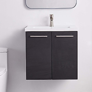 LOCLGPM Modern 24” Black Wood Grain Wall-Mounted Floating Small Bathroom Vanity, Simple Design 2-Door Bathroom Sink Cabinet Vanities Combo Set with White Ceramic Countertop Vessel Sink