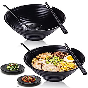 Vivimee Unbreakable Japanese Style Ramen Bowl Set of 2, 37oz Black Large Ramen Bowls and Spoons Set with Chopsticks & Saucers for Pho Thai Miso Udon Soup Noodles or Asian Food, Matte Melamine Bowls