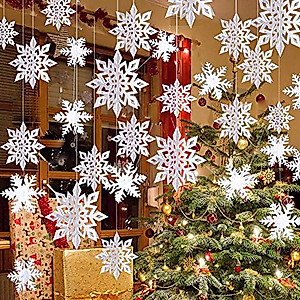 24Pcs Snowflake Christmas Hanging Party Decor Supplies,12 PCS 3D Silver Snowflakes & 12PCS 3D White Paper Snowflakes Hanging Garland for Christmas Winter Holiday New Year Wonderland Party Decoration