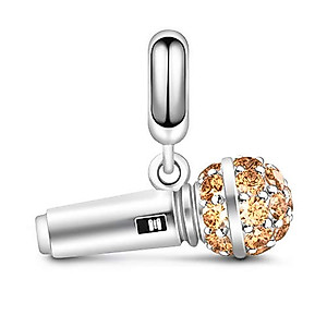 GNOCE Microphone Charm 925 Sterling Silver Singing in Life Mini Microphone with Cubic Zirconia Dangle Charm Pendant for Bracelet/Necklace Jewelry Gift for Women