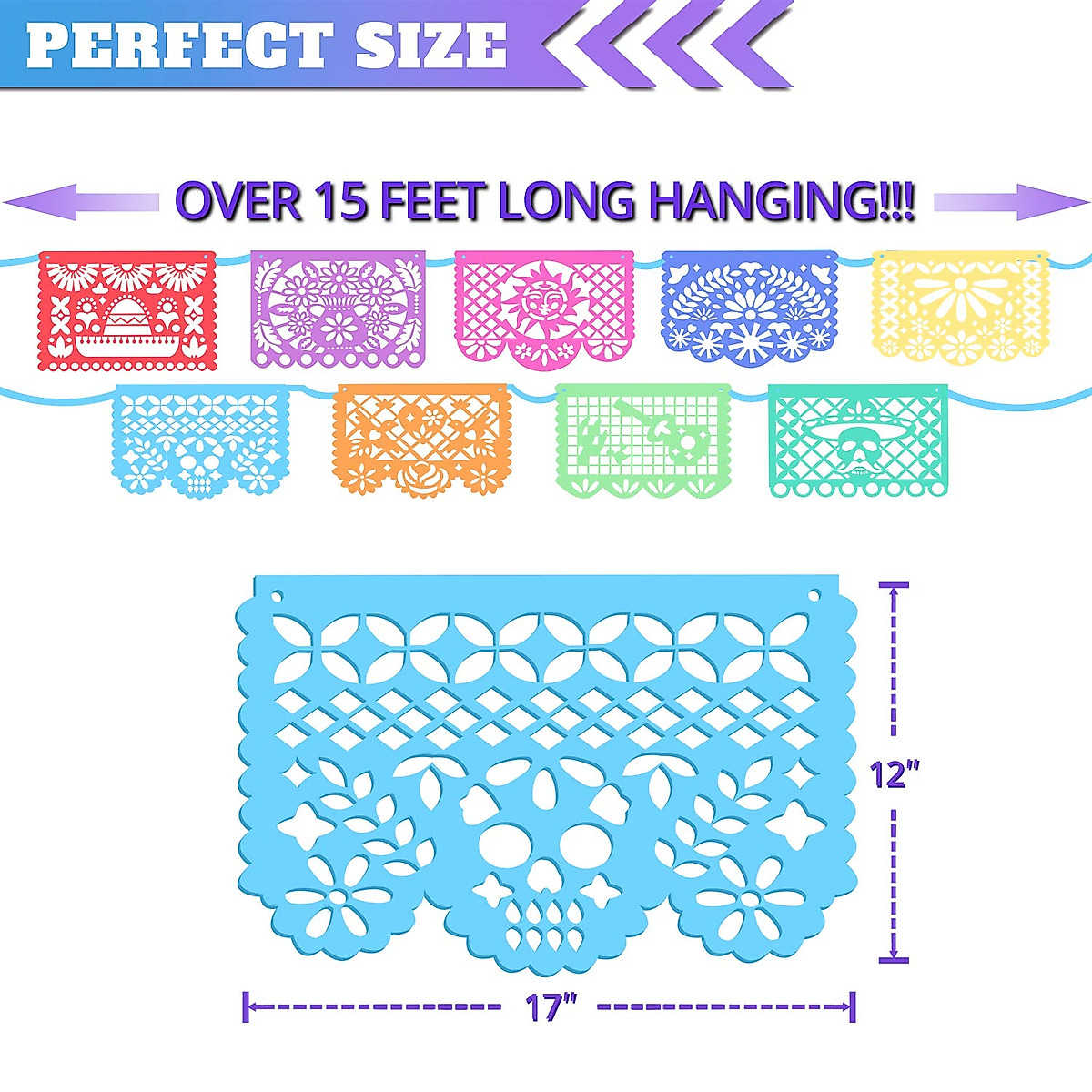 Novelty Place 15Ft 9Pcs Mexican Party Banners - Felt Papel Picado Banner - Mexican Fiesta Party Decorations for Dia De Los Muertos, Day of the Dead, Cino de Mayo, 9 Pattern Panels
