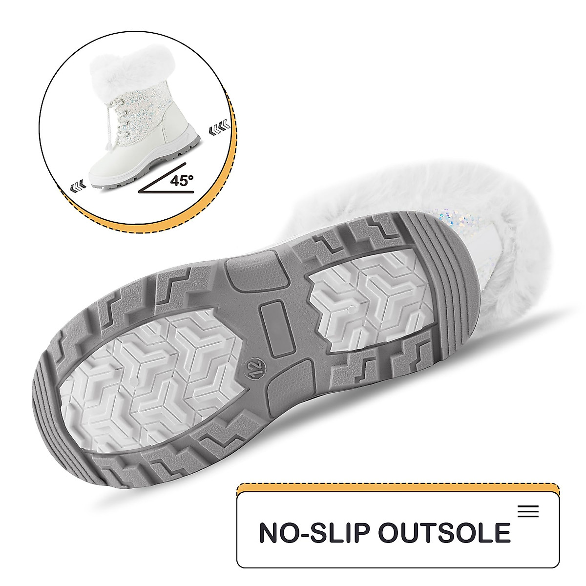 K KomForme Girls Glitter Snow Boots Kids Bungee Lacing Warm Faux Fur-Lined Anti-Slip Outdoor Winter Shoes White Big Kid 2M