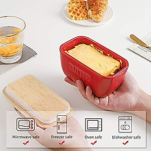 KOOV Porcelain Butter Dish with Lid for Countertop, Airtight Butter Container with Oak Lid, Butter Dishes with Covers, Butter Crock Boat-shaped Series (Red)